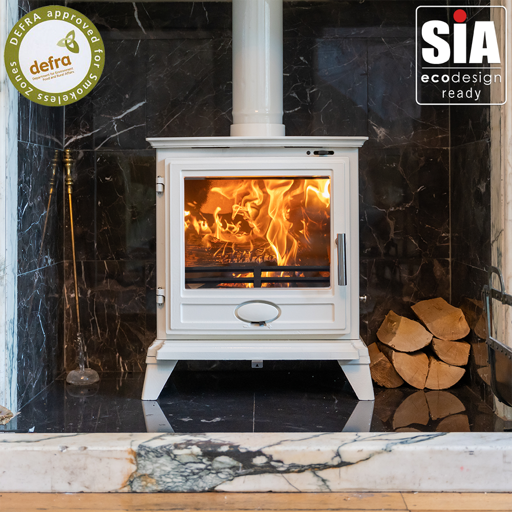 Ivory White Enamel Cast Iron Ecosy+ Rock Landscape Multi-Fuel Stove Eco ...